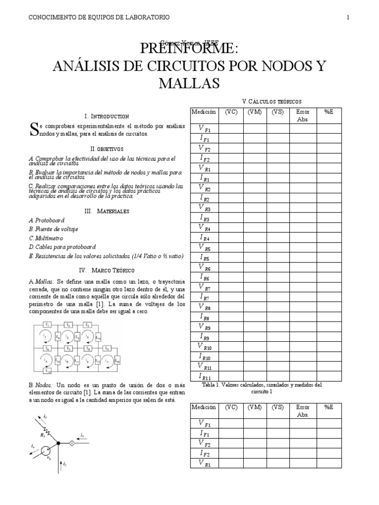 Preinforme - Analisis Por Nodos y Mallas | PDF | Análisis de red (circuitos eléctricos ...