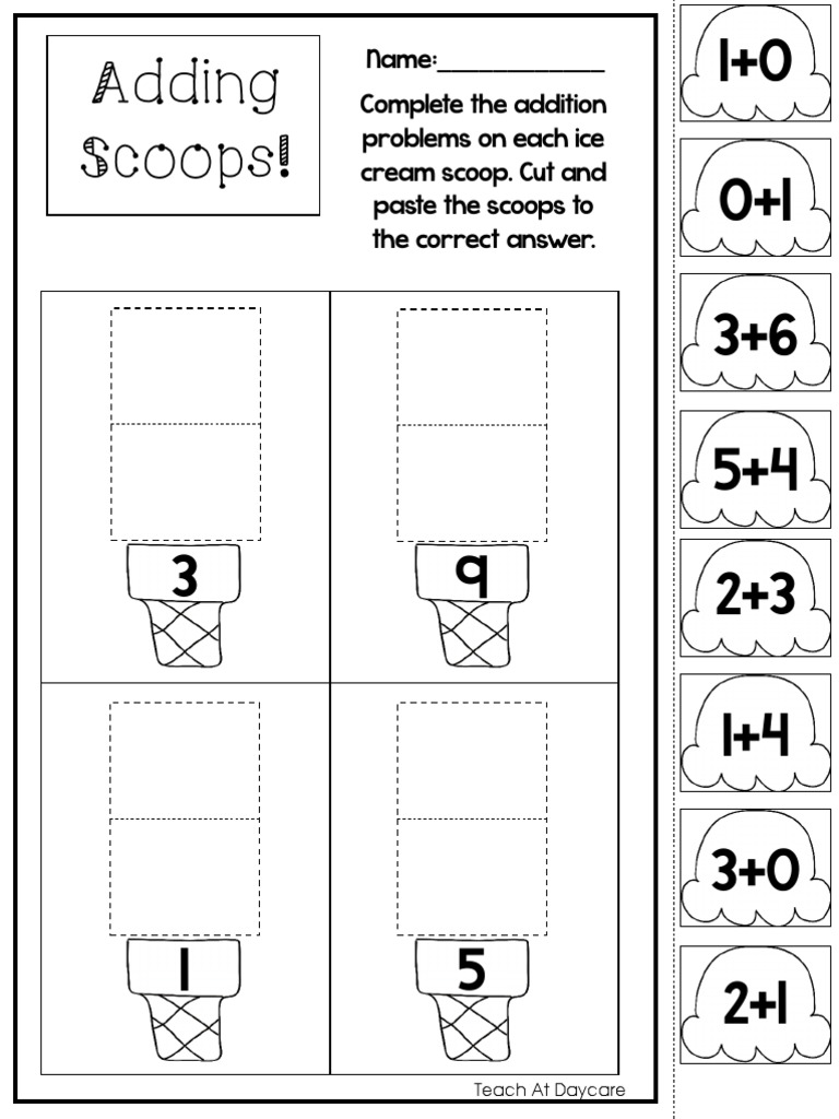 Name: - Complete The Addition Problems On Each Ice Cream Scoop. Cut and ...