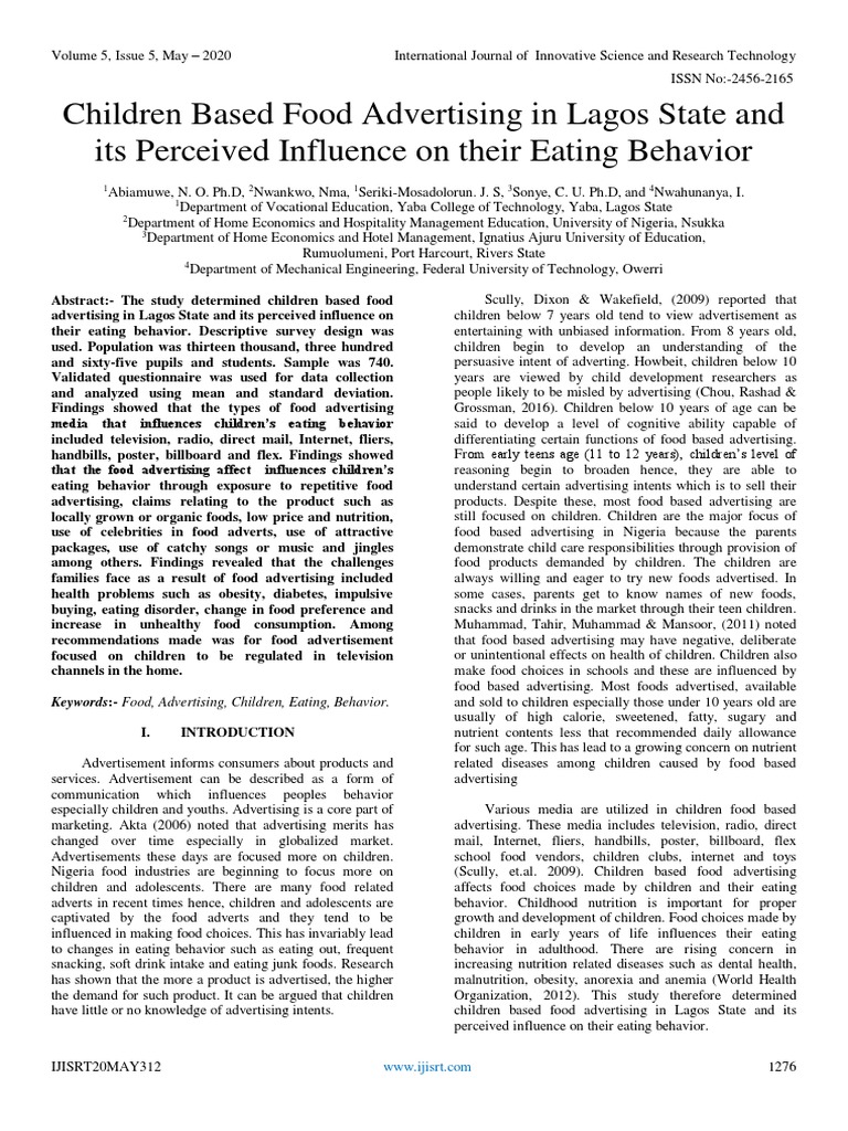 Children Based Food Advertising in Lagos State and Its Perceived ...