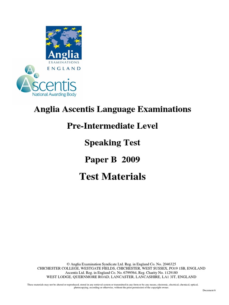Test Materials: Anglia Ascentis Language Examinations Pre-Intermediate ...