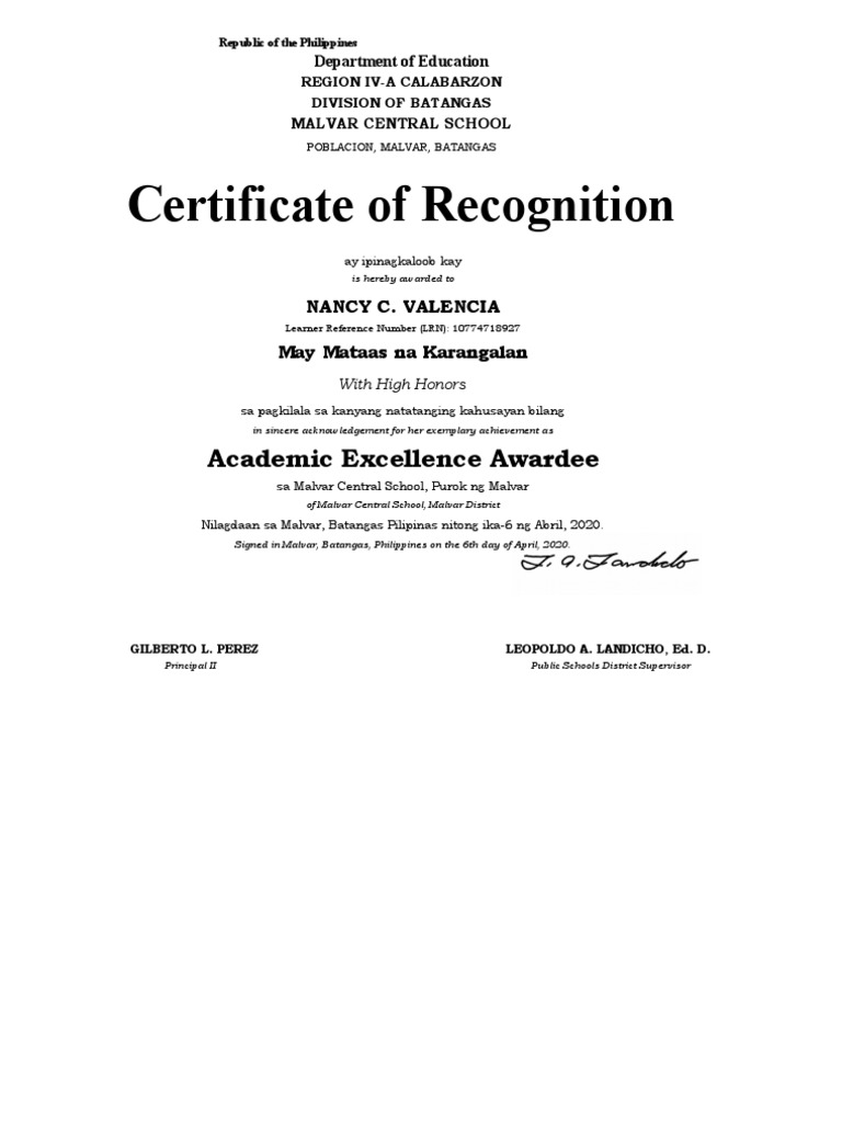 DepEd Certificate Recognition | PDF