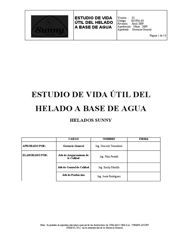 Esupa-03 Estudio de Vida Util Helado Agua | PDF | Alimentos | Enzima