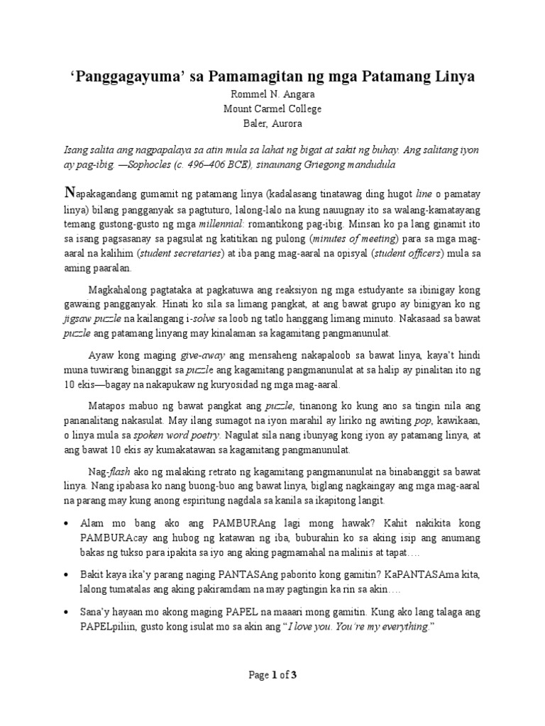 Panggagayuma' Sa Pamamagitan NG Mga Patamang Linya Ni Rommel N. Angara ...