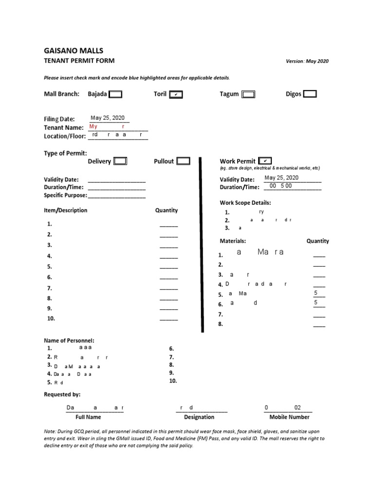 Gaisano Mall Tenant Permit Form | PDF | Computing | Business