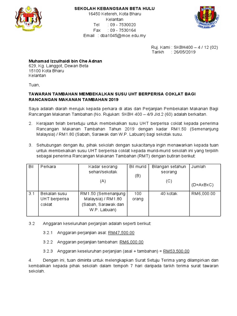 Surat Tawaran Susu RMT | PDF