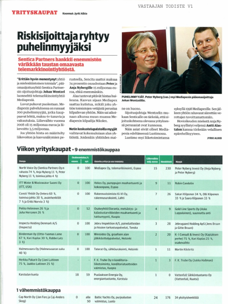 Mediapex Oy Sentica Partners Johan Wentsel Peter Nyberg Anja Nyberg ...