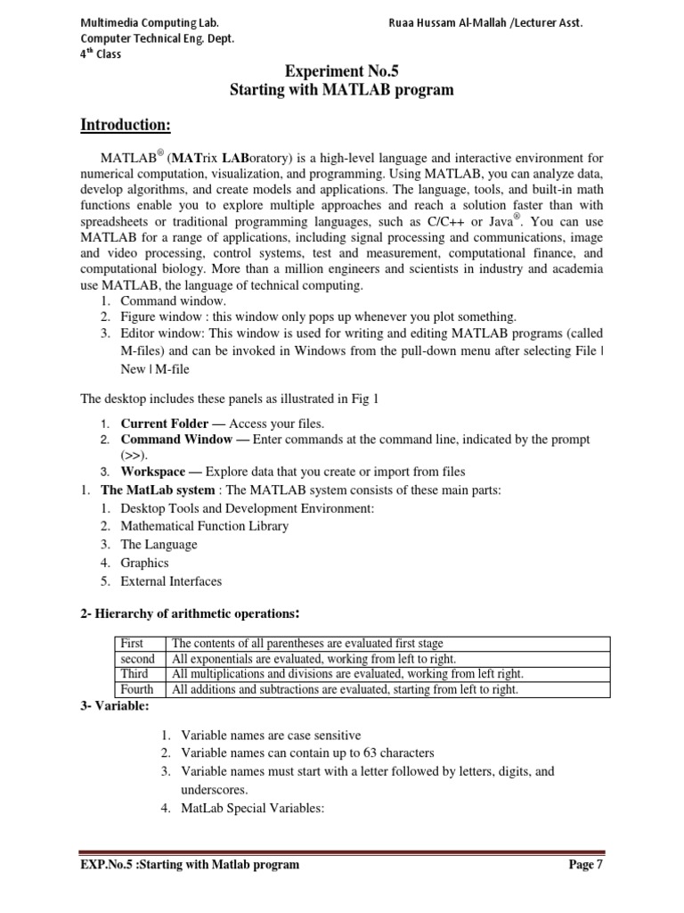 Experiment No.5 Starting With MATLAB Program | PDF | Matlab | Matrix ...