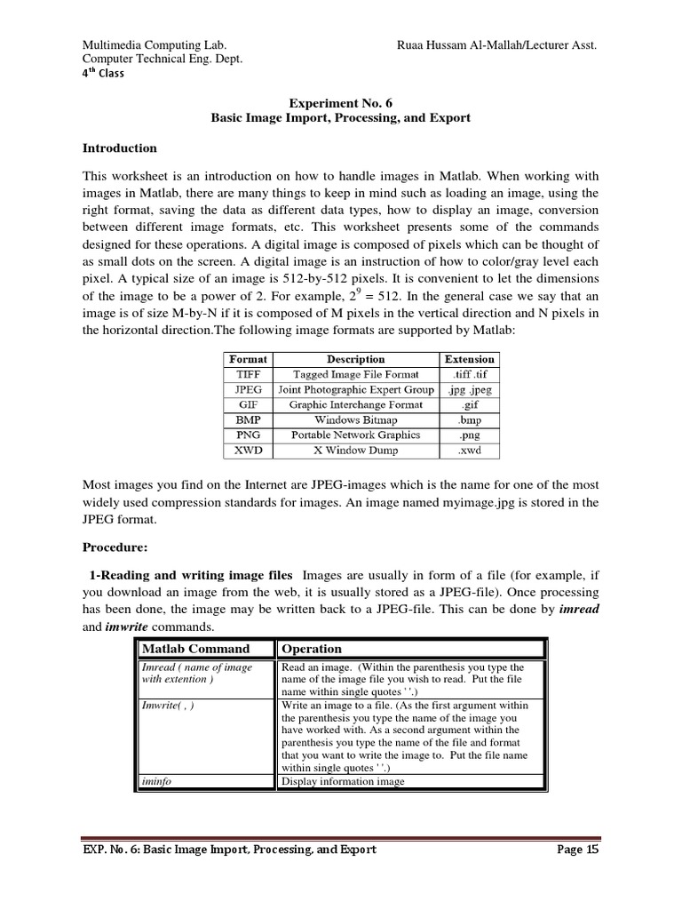 Experiment No. 6 Basic Image Import, Processing, and Export | PDF ...