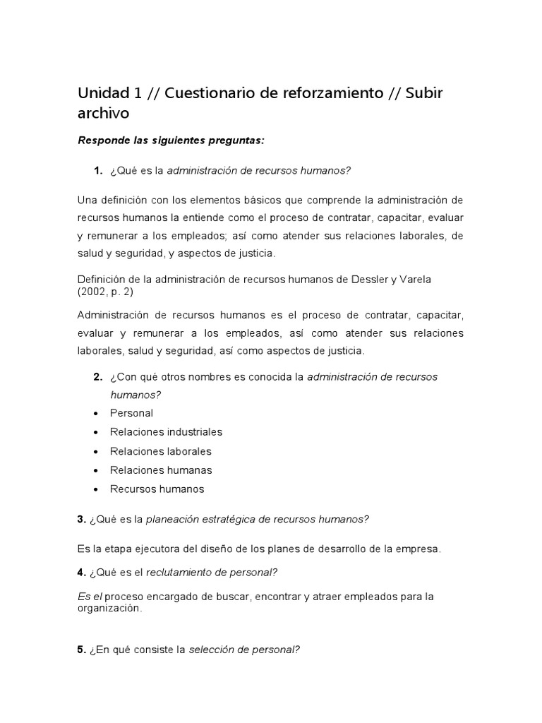 Unidad 1 Cuestionario de Reforzamiento | PDF | Relaciones laborales ...