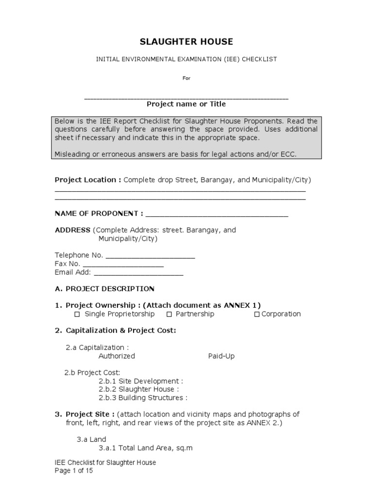 Slaughter House IEE Report Checklist | PDF | Septic Tank | Waste Management