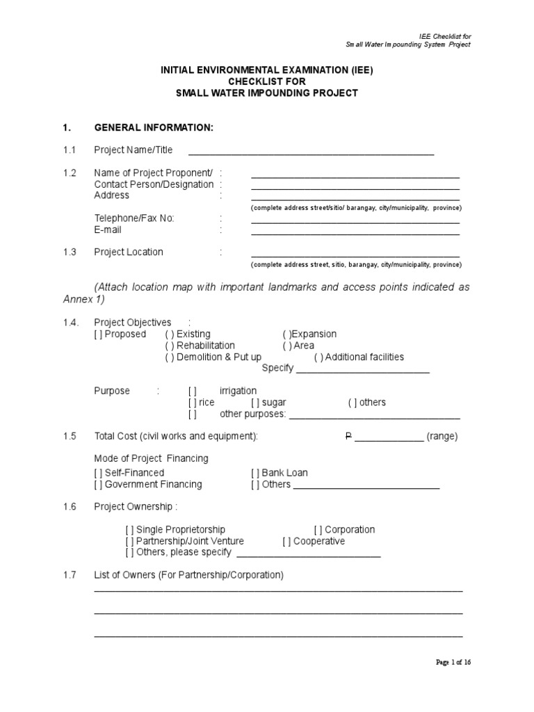 Initial Environmental Examination (Iee) Checklist For Small Water ...