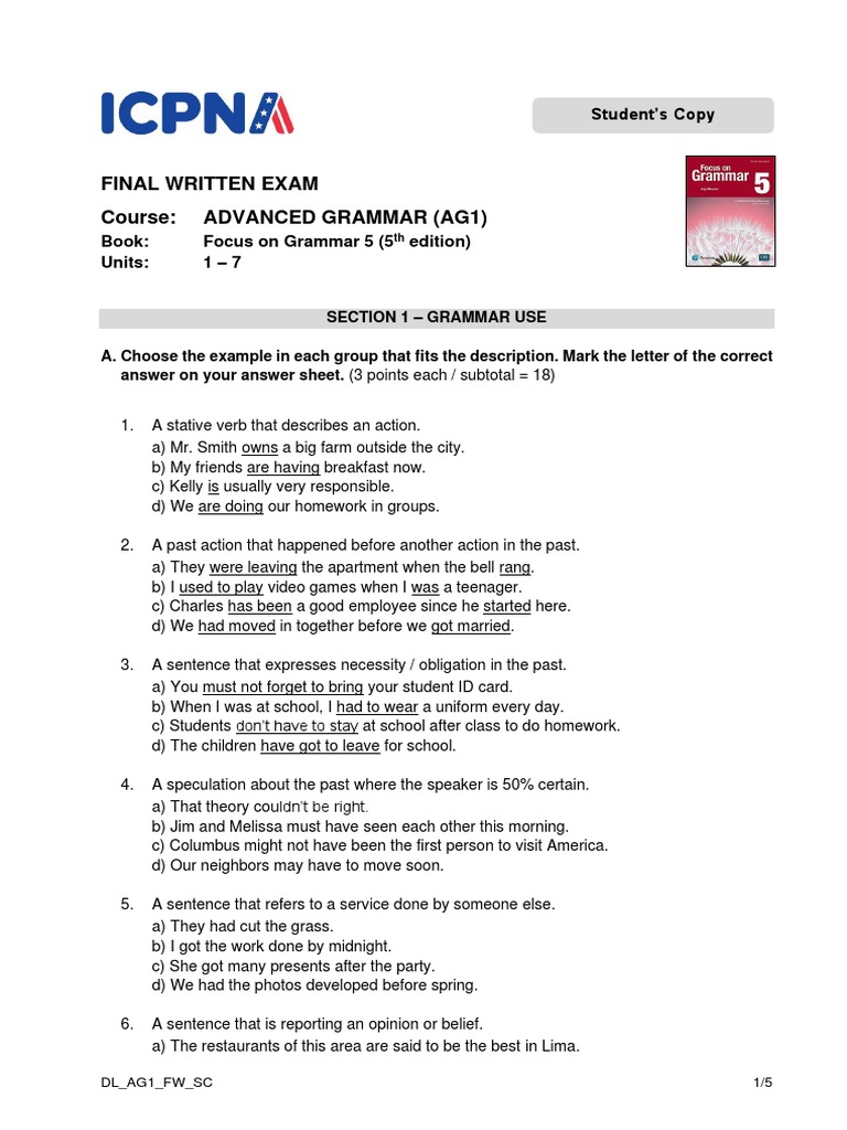 Final Written Exam Course: Advanced Grammar (Ag1) : Student's | PDF