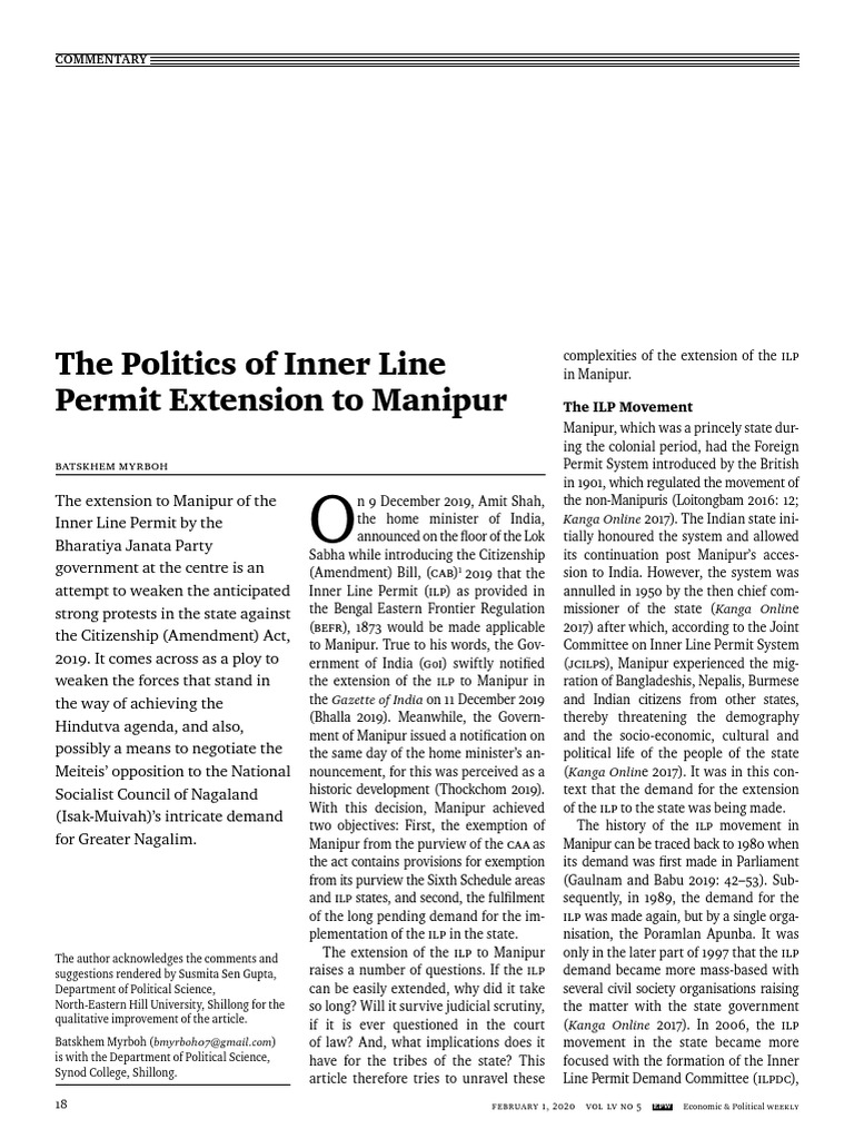 The Politics of Inner Line Permit Extension To Manipur: Commentary ...