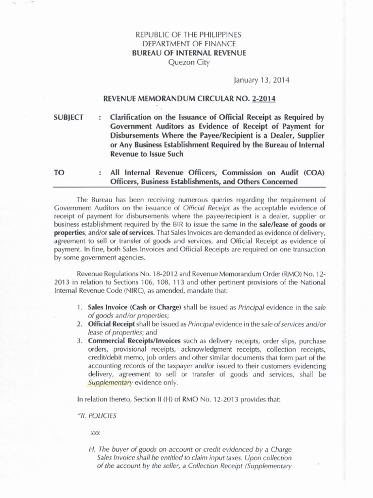 REVENUE MEMORANDUM CIRULAR NO. 2-2014 (Clarification On The Issuance of ...