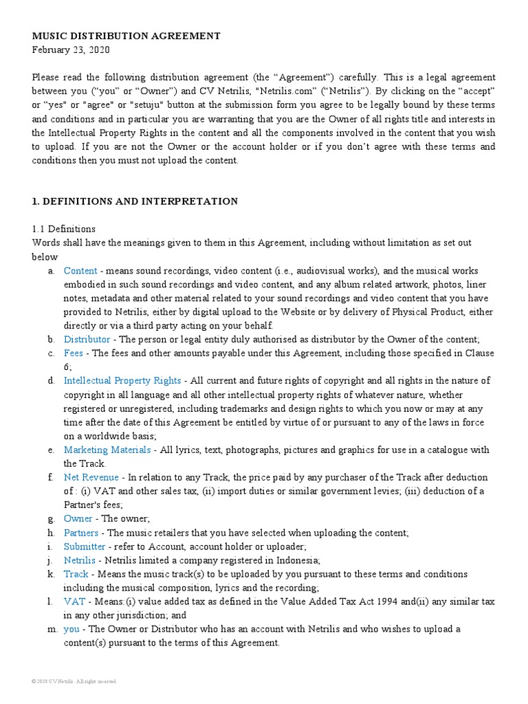 Music Distribution Agreement | PDF | Tort | Indemnity