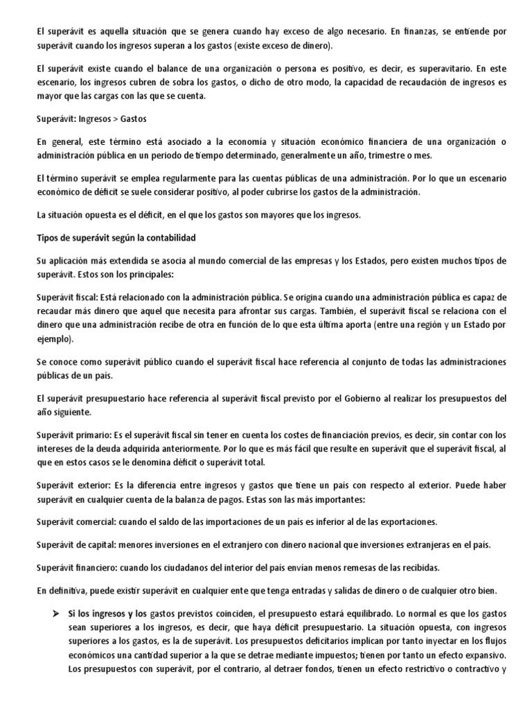 El Superávit Es Aquella Situación Que Se Genera Cuando Hay Exceso de ...