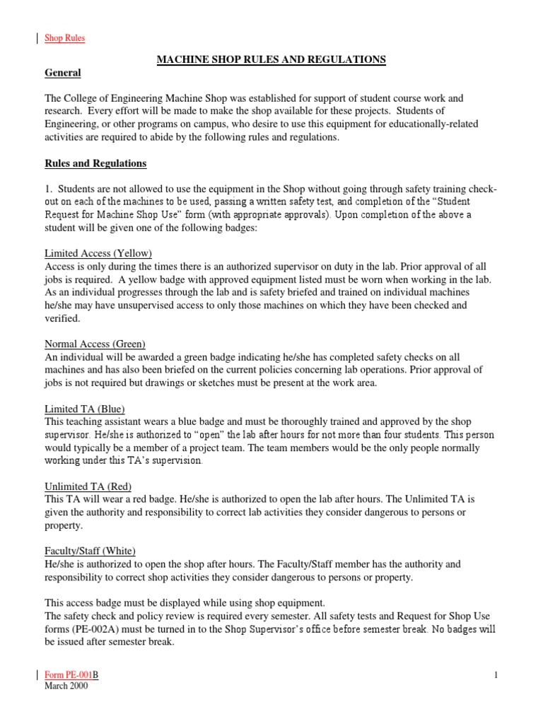 Machine Shop Rules and Regulations | PDF | Grinding (Abrasive Cutting ...