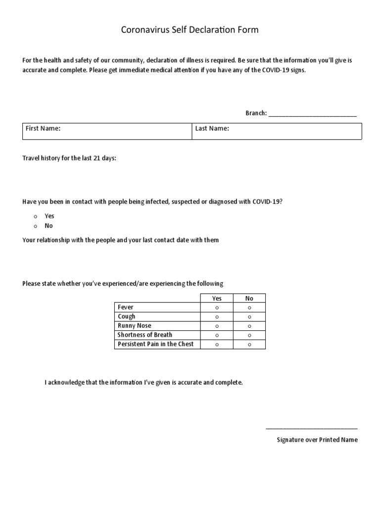 Coronavirus Self Declaration Form | PDF