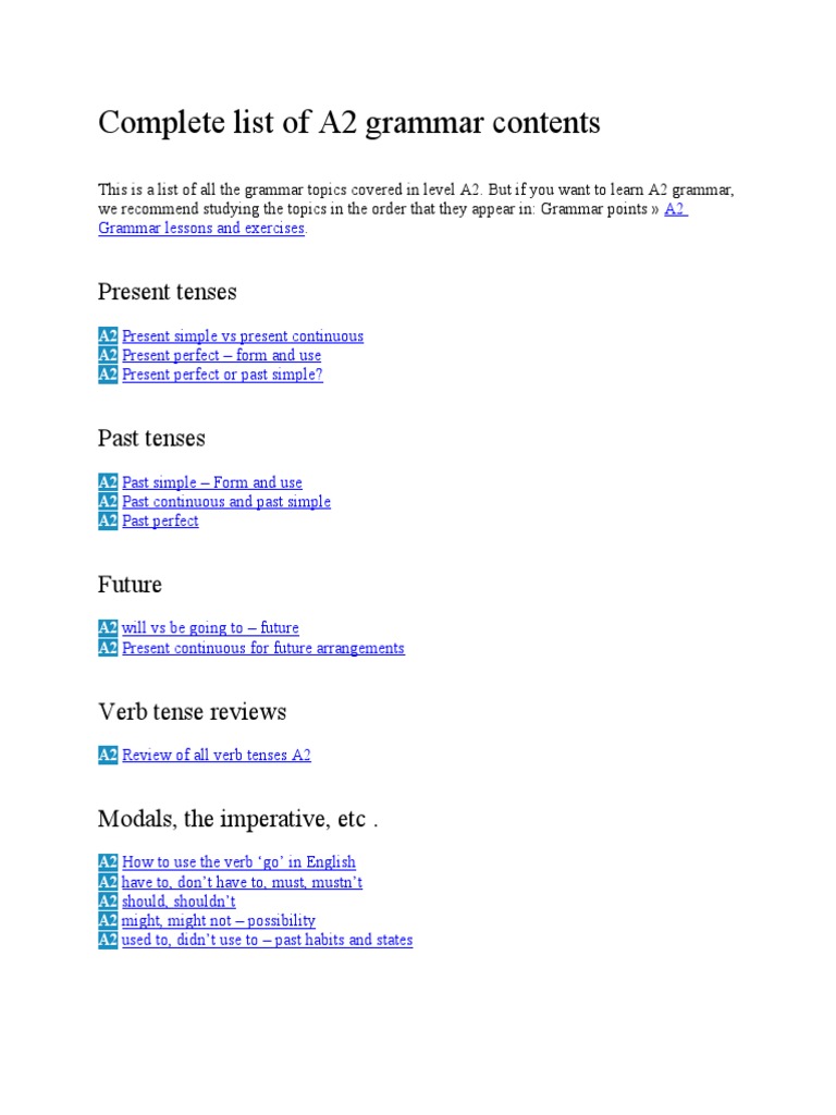 Complete List of A2 Grammar Contents | PDF