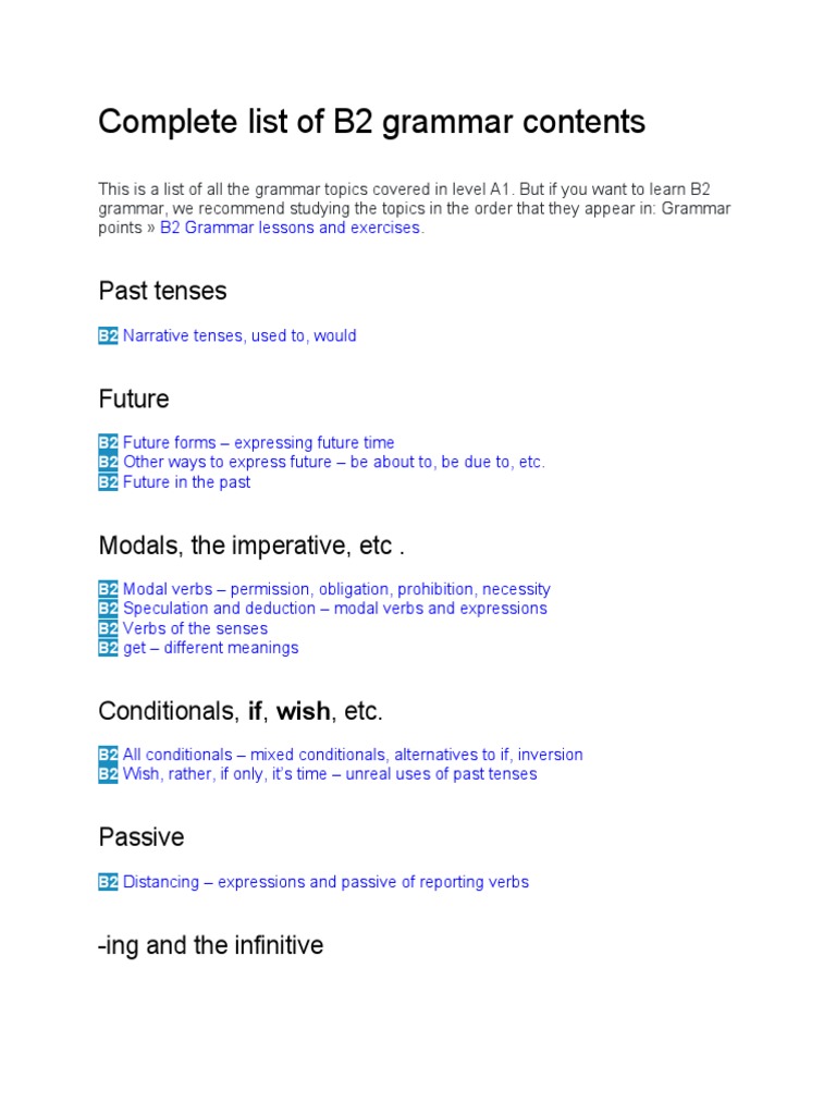 Complete List of B2 Grammar Contents | PDF