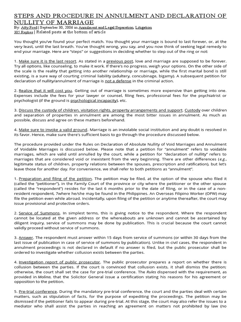 Steps and Procedure in Annulment and Declaration of Nullity of Marriage | PDF | Annulment ...