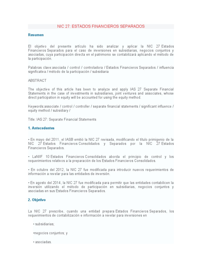 Nic 27 - Estados Financieros Separados | PDF | normas internacionales ...