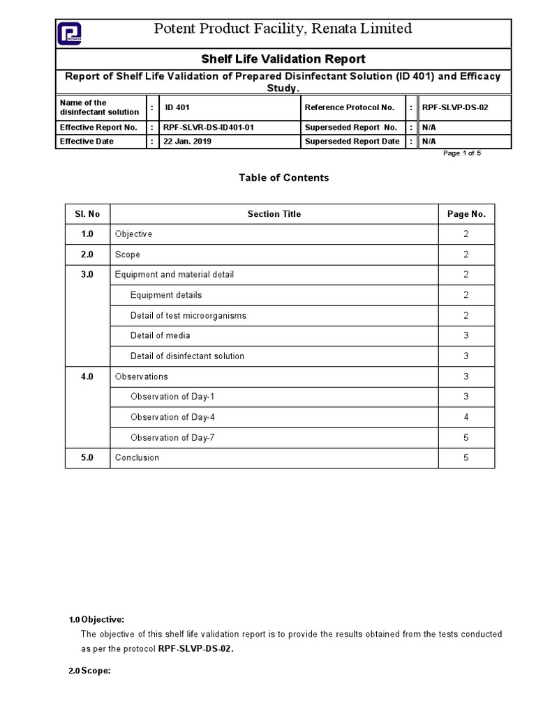 Potent Product Facility, Renata Limited: Shelf Life Validation Report ...
