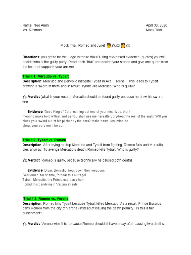 Neo Amin - Mock Trial Romeo Juliet | PDF | Law