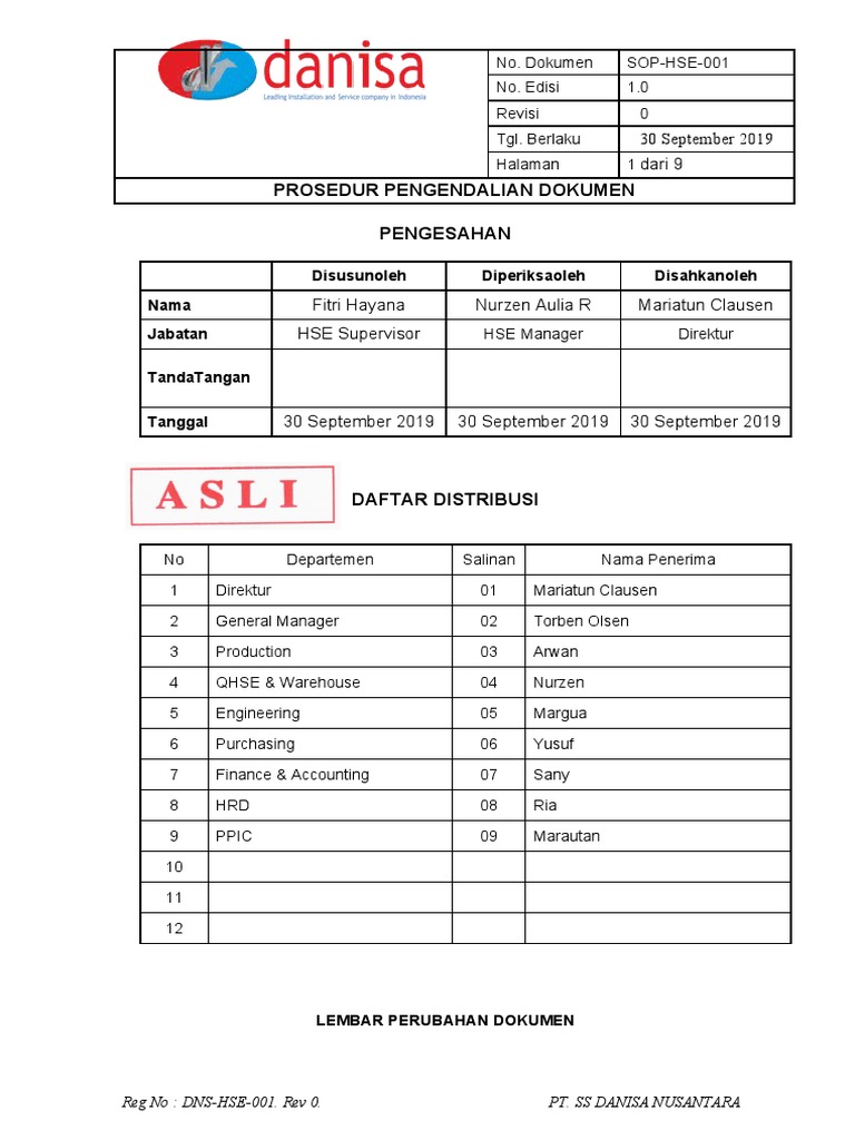 Sop - Hse - 001 Prosedur Pengendalian Dokumen | PDF