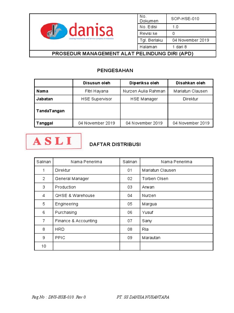 SOP - HSE - 010 Prosedur Management Alat Pelindung Diri (APD) | PDF
