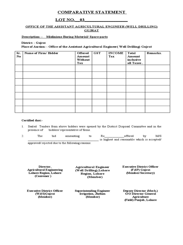 COMPARATIVE STATEMENT Lot 03 | PDF