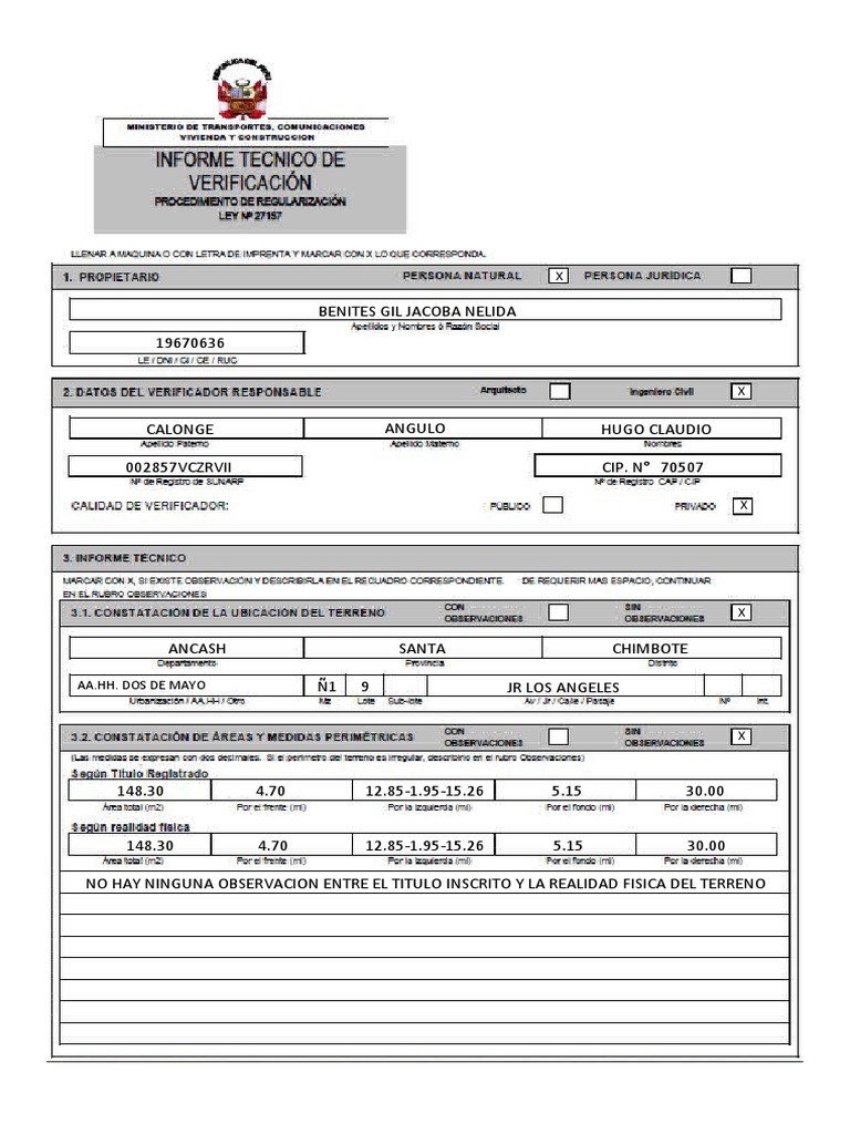 Informe-Tecnico-De-Verificacion MZ Ñ1 LT 9, Sunarp | PDF