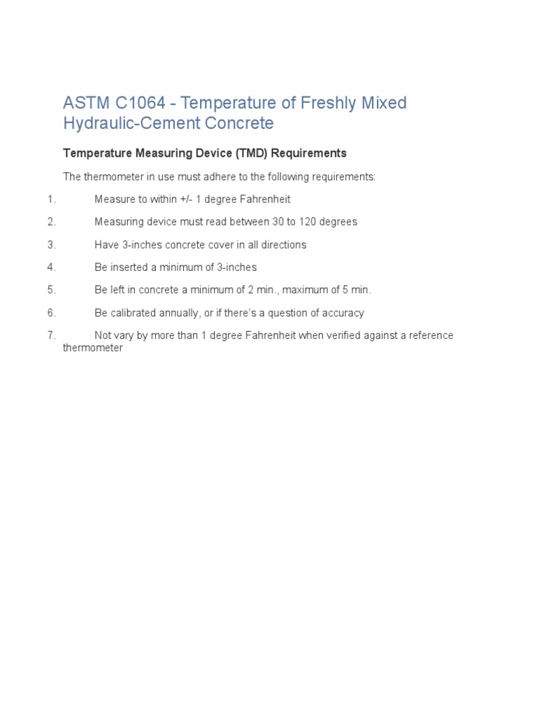 ASTM C1064 - Temperature of Freshly Mixed Hydraulic-Cement Concrete | PDF