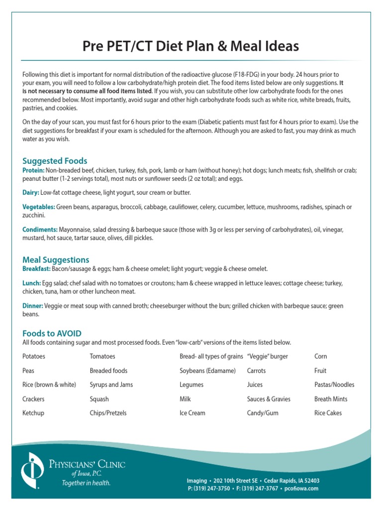 Pre PET/CT Diet Plan & Meal Ideas: Suggested Foods | PDF | Foods | Salad
