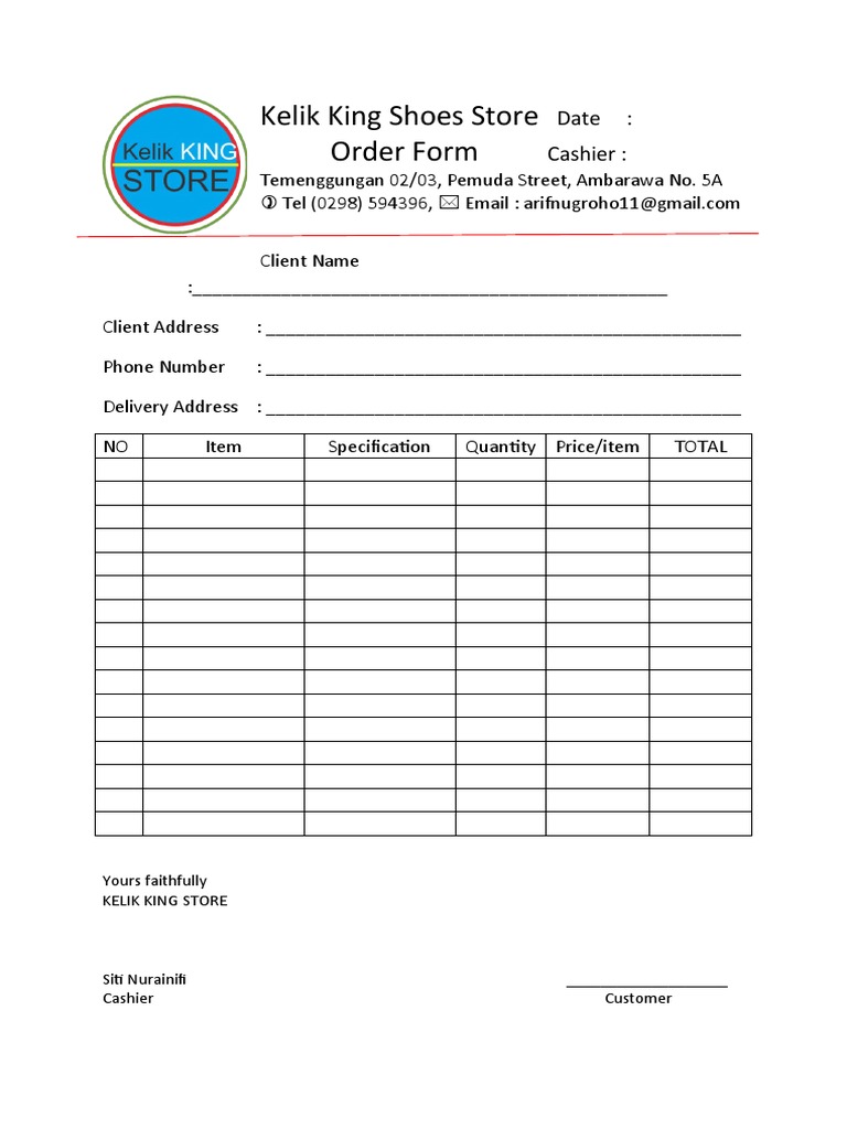 Kelik King Shoes Store Order Form: Date: Cashier | PDF