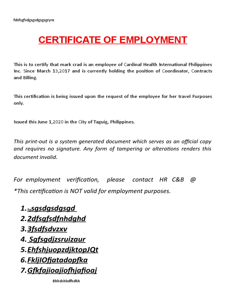 Cert of Employee | PDF | Business