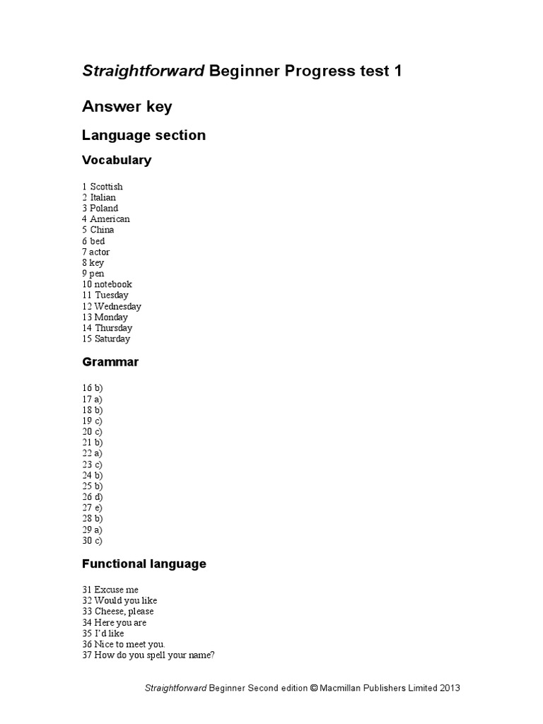 Answer Key: Straightforward Beginner Progress Test 1 | PDF