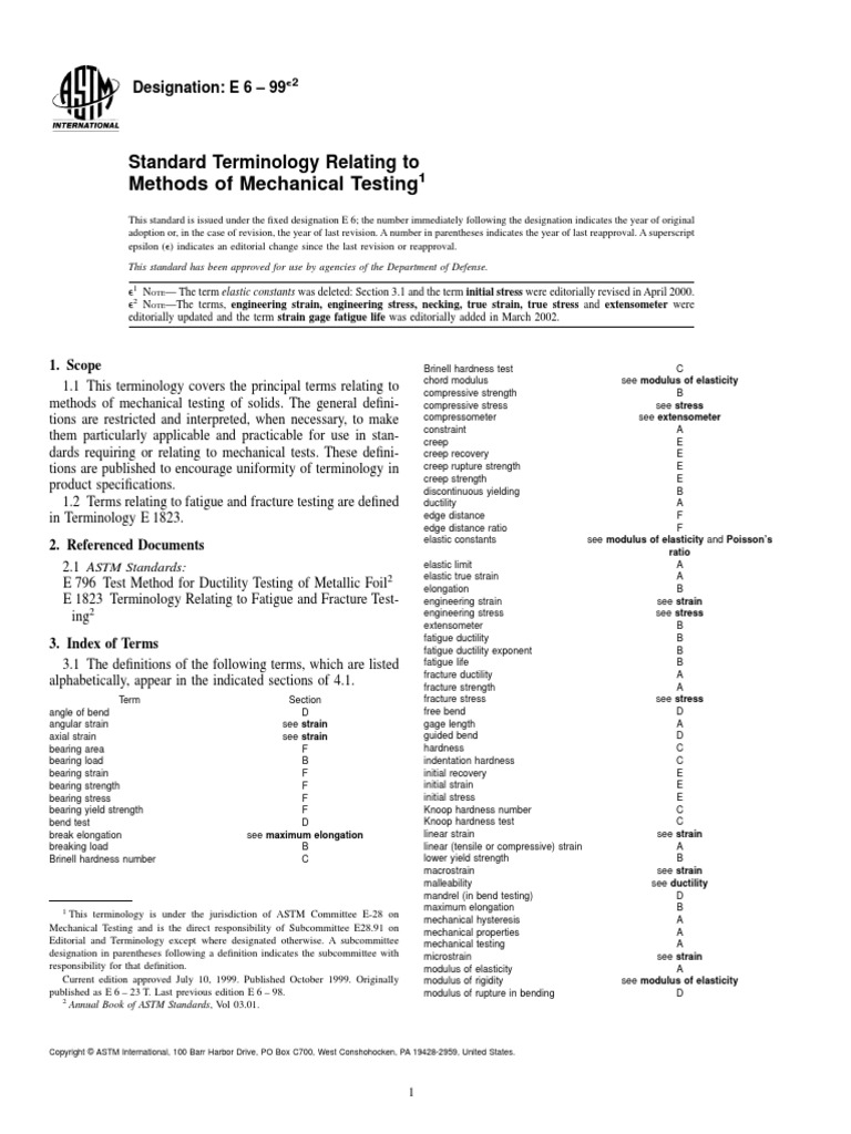 ASTM E 6-99. Terminology Relating To Methods of Mechanical T | PDF ...