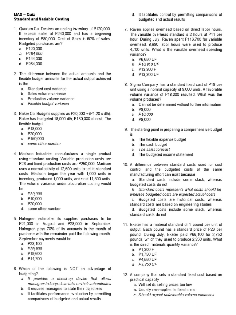 MAS Quiz 3 | PDF | Cost Of Goods Sold | Inventory