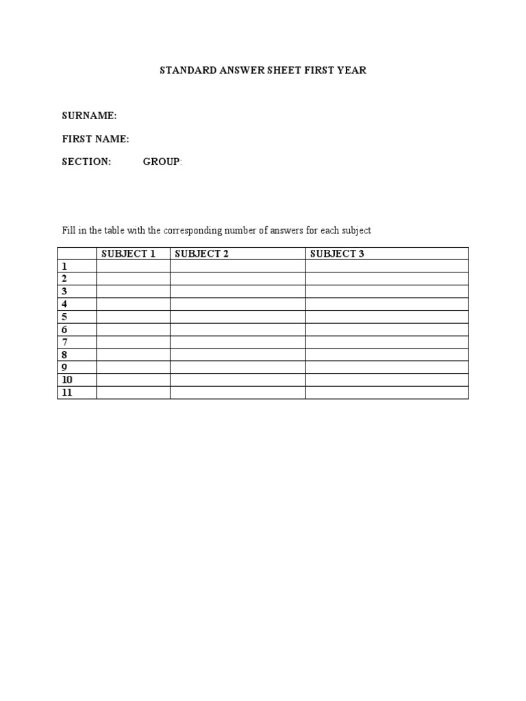 Standard Answer Sheet First Year | PDF