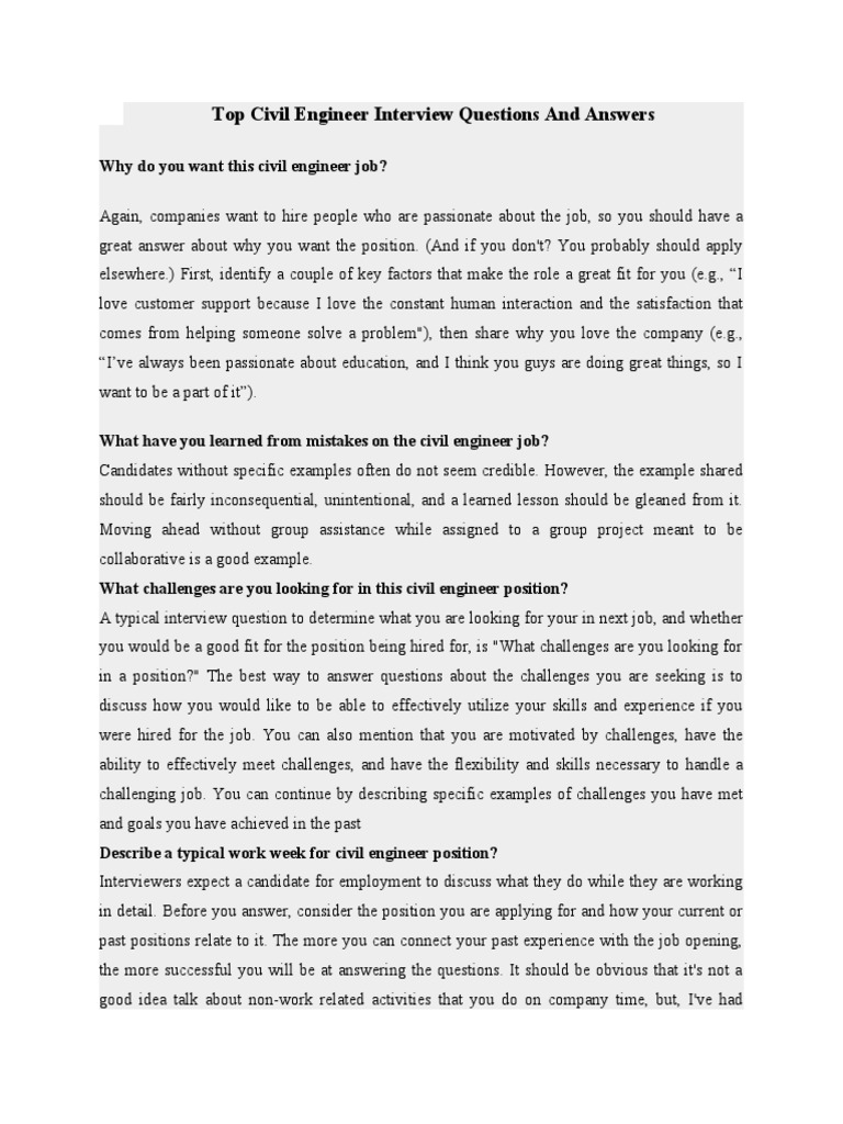 Top 10 Civil Engineer Interview Questions and Answers | PDF | Interview ...