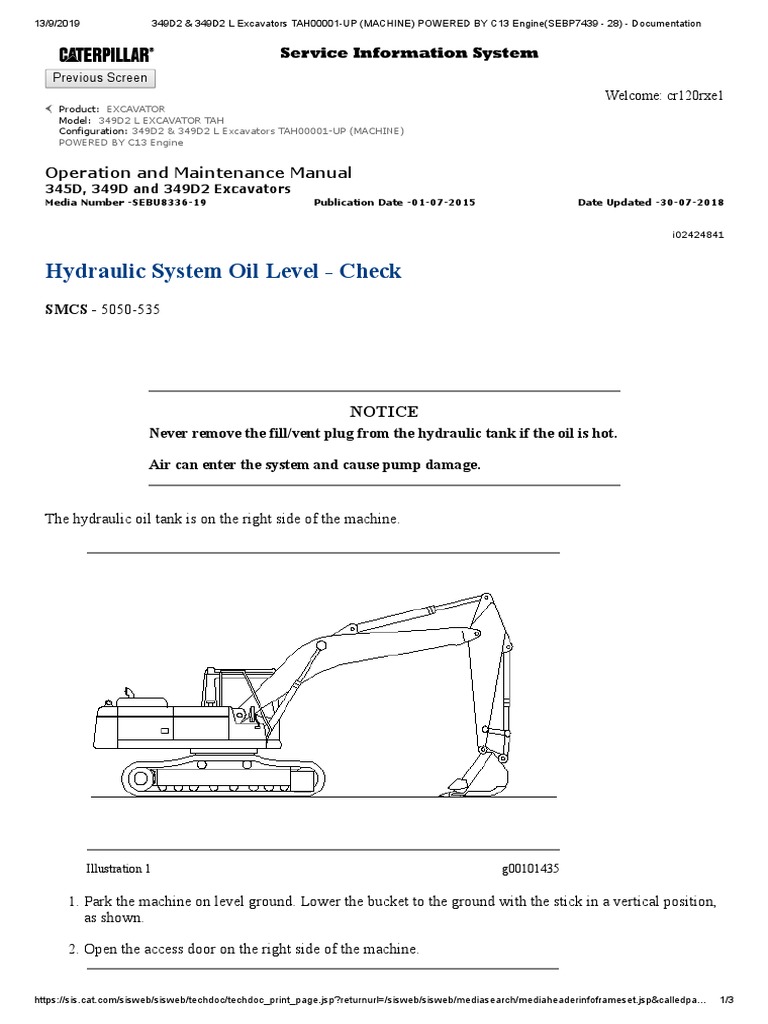 Hydraulic System Oil Level - Check: Operation and Maintenance Manual ...