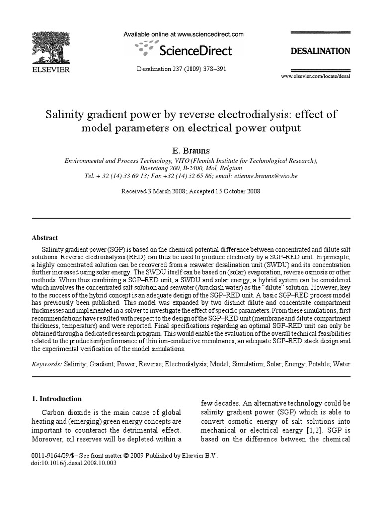 Salinity Gradient Power by Reverse Electrodialysis Effect of Model Parameters On Electrical ...