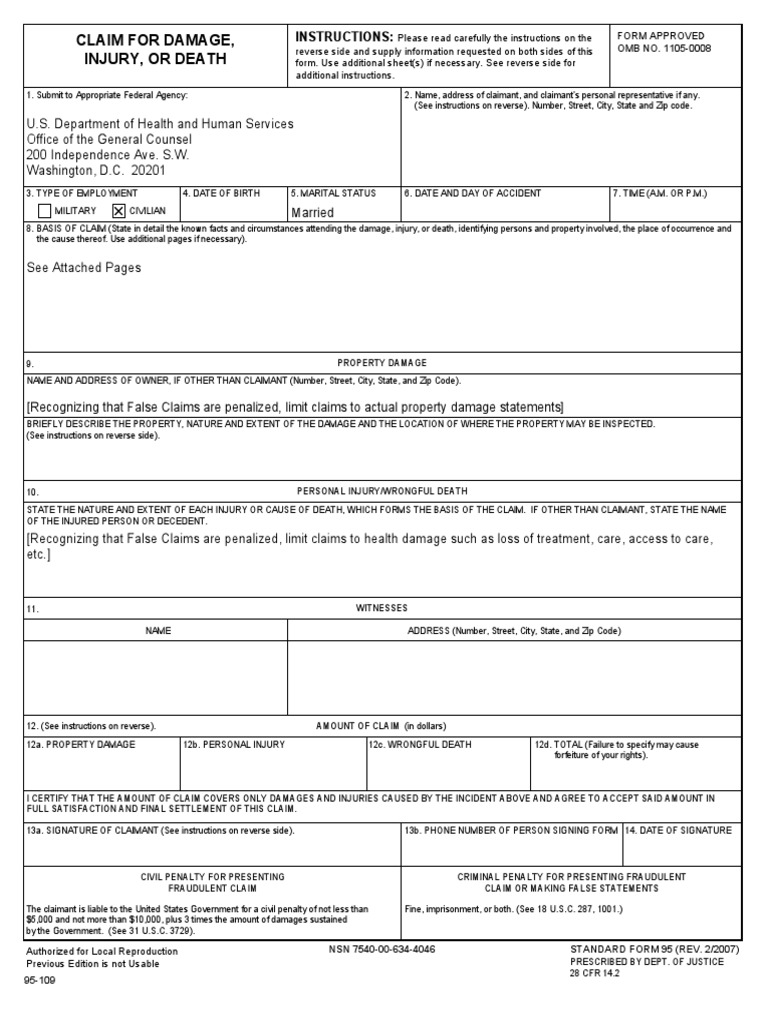 SF95 07a DOJ Standard Form 95 Sample For COVID PDF | PDF | Tort | Insurance