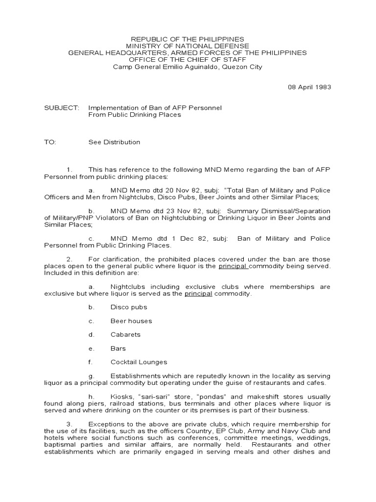 Ban of AFP Personnel From Public Drinking Places | PDF | Bar | Justice