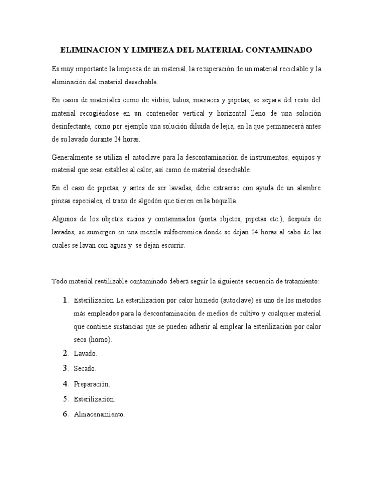 Eliminación de Material Contaminado | PDF | Esterilización ...