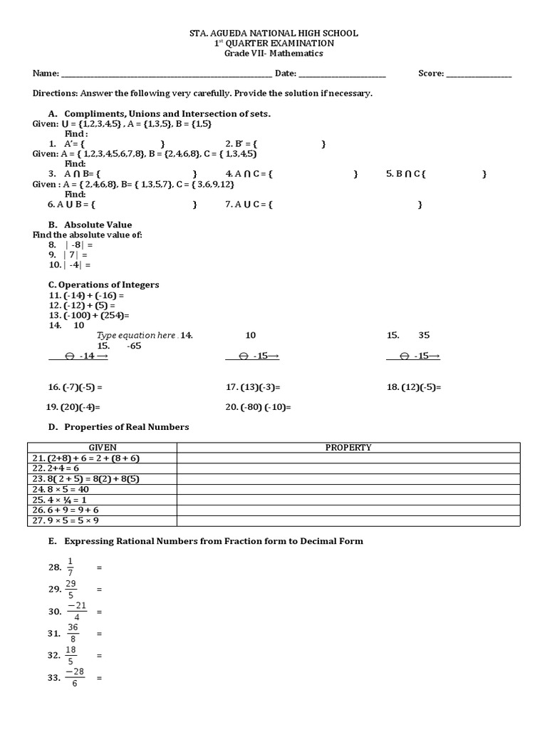 Grade 7 1ST Quarter Exam | PDF | Rational Number | Discrete Mathematics
