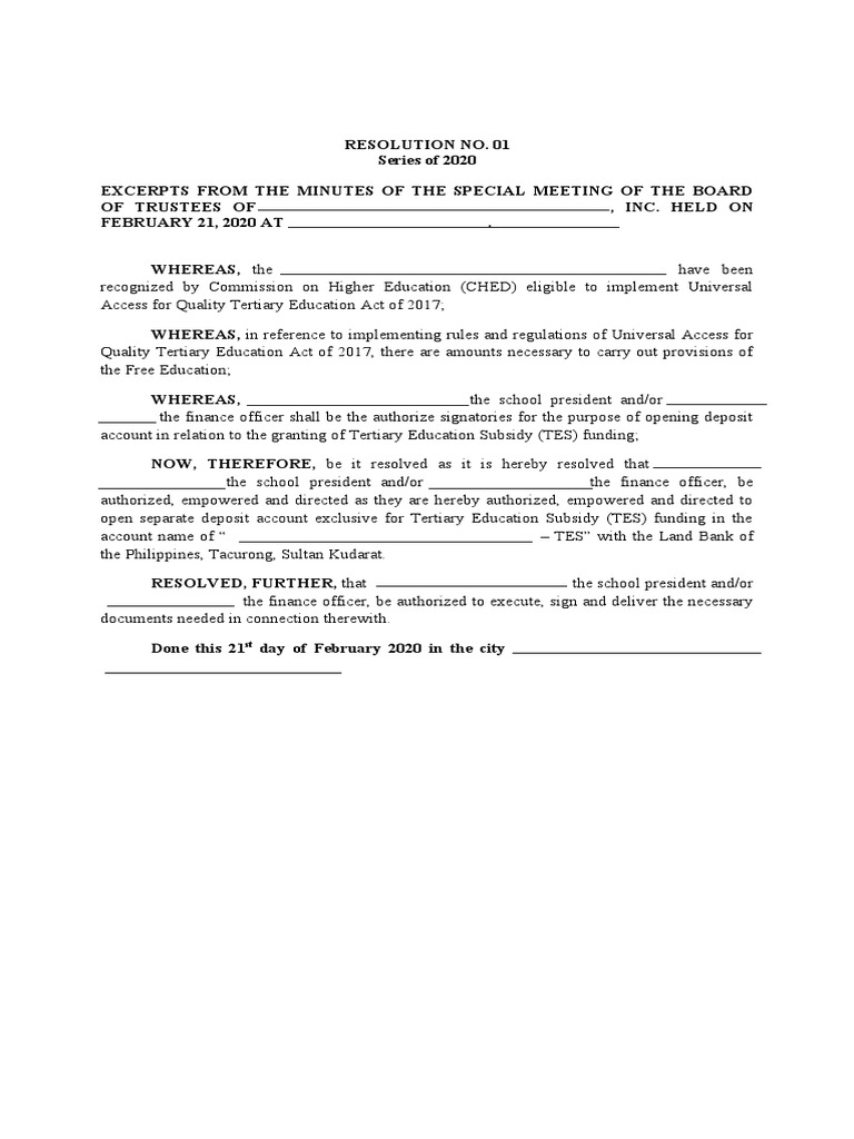 Board Reso To Open Account Unifast | PDF