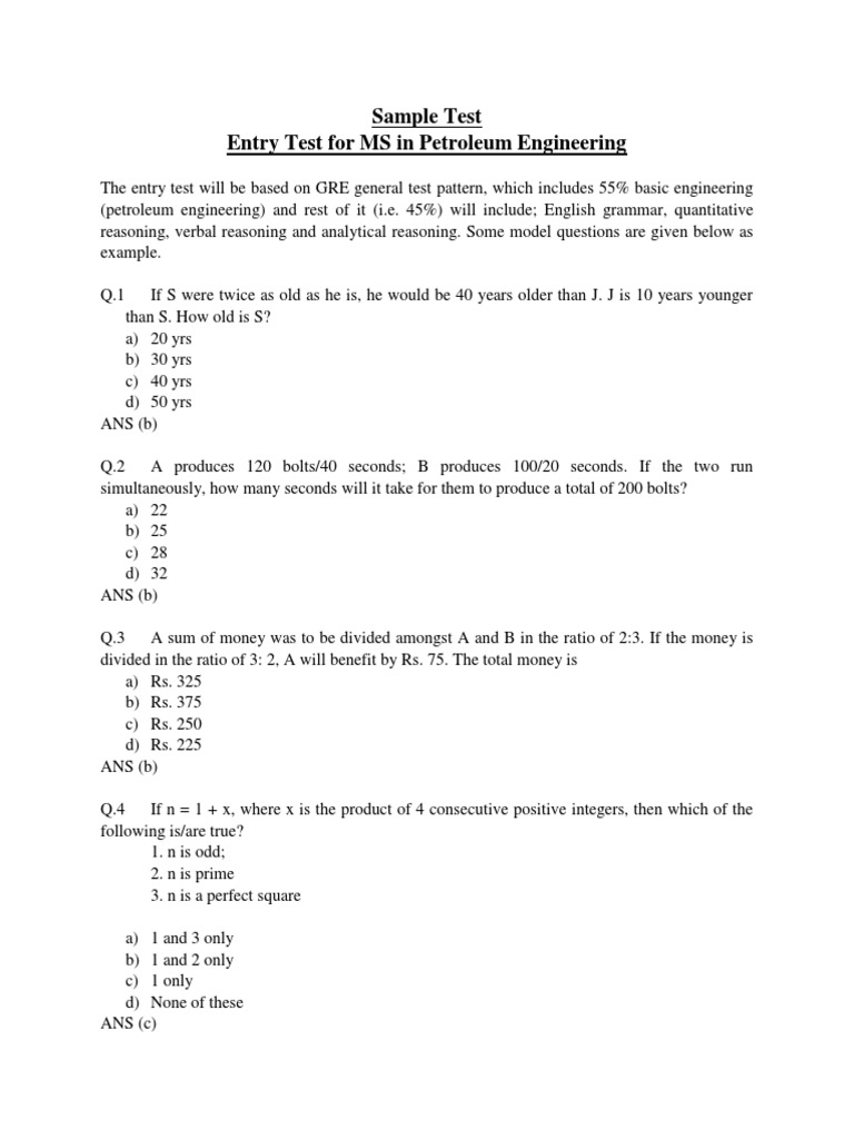 Sample Test Entry Test For MS in Petroleum Engineering | PDF | Gases ...