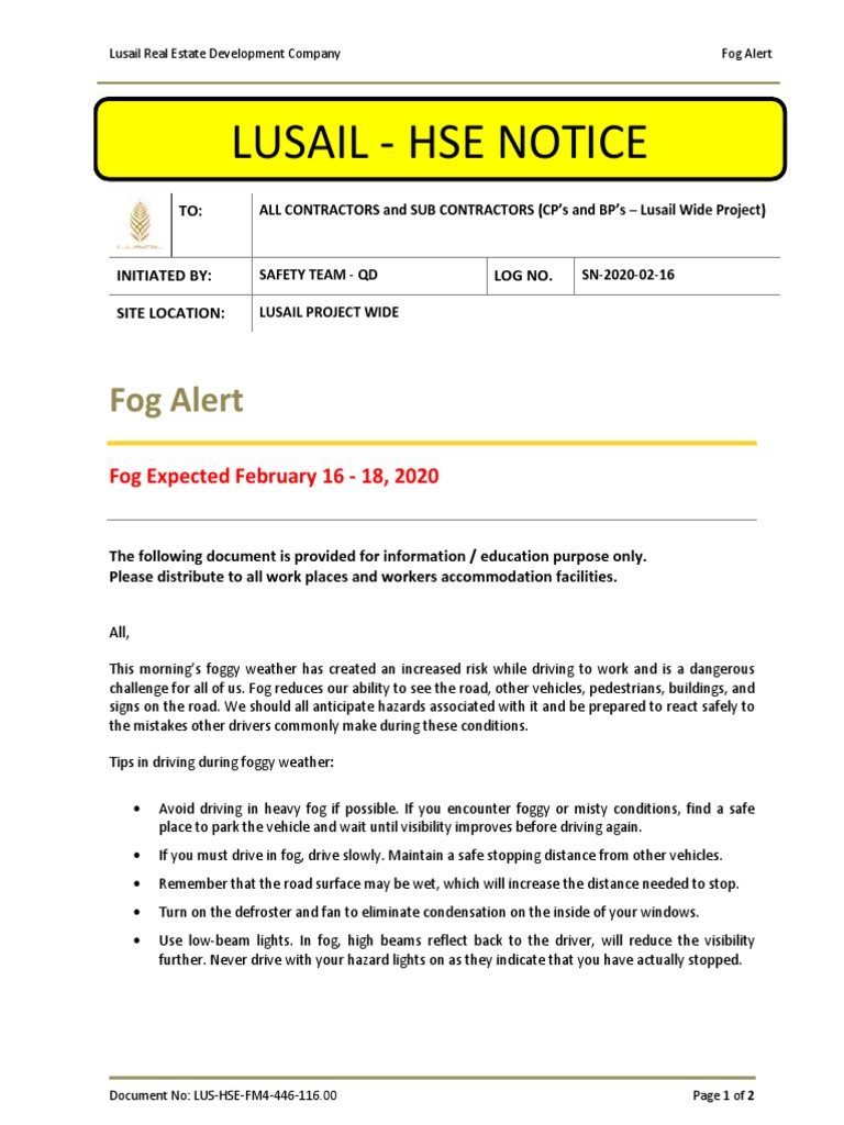 2020-02-16 Site Safety Notice (Fog Alert) | PDF | Fog | Road